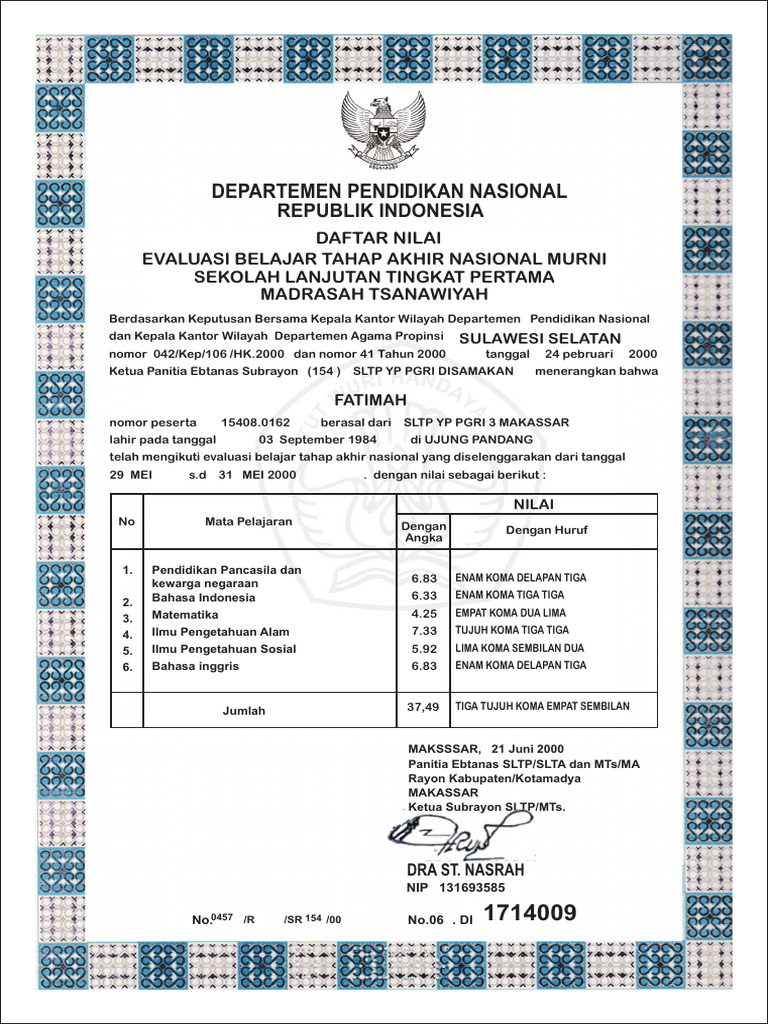 Daftar Nilai Ebtanas Fatimah | PDF