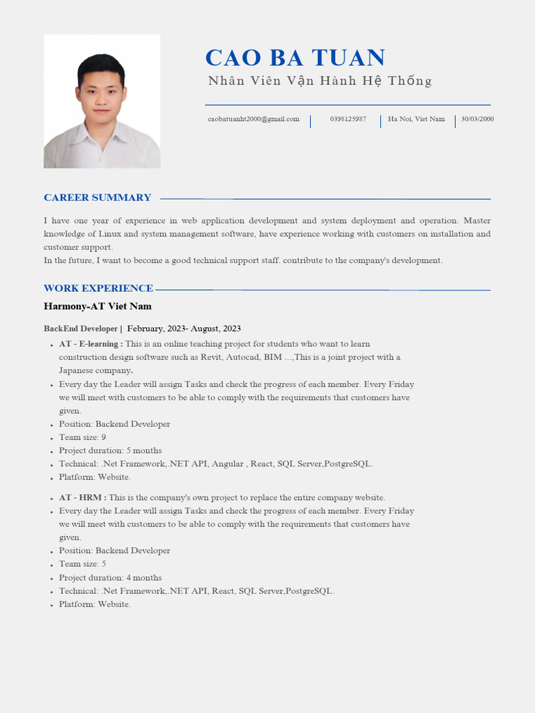 CV-Cao Bá Tuấn - Nhân Viên Vận Hành Hệ Thống | PDF | Postgre Sql | Sql