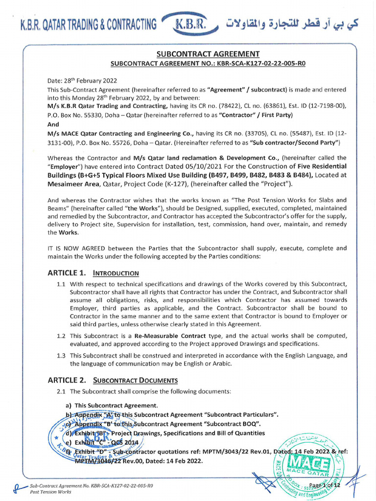 K-127 - Subcontract Agreement - MACE Qatar Trading and Contracting ...