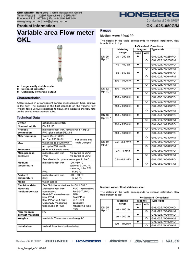 GHM Pi-Ho FSC-GKL e Datasheet | PDF | Flow Measurement | Building Engineering