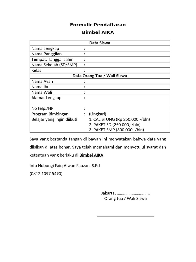 Formulir Pendaftaran Bimbel AIKA | PDF