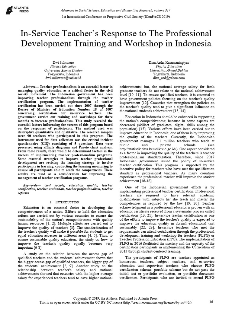 In-Service Teacher's Response To The Professional Development Training and Workshop in Indonesia ...