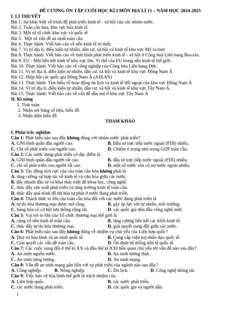 Đề Cương Địa 11 HK1 | PDF