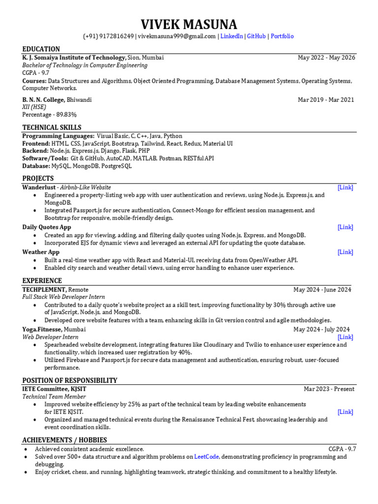 Vivek Masuna Resume | PDF | Databases | Web Development
