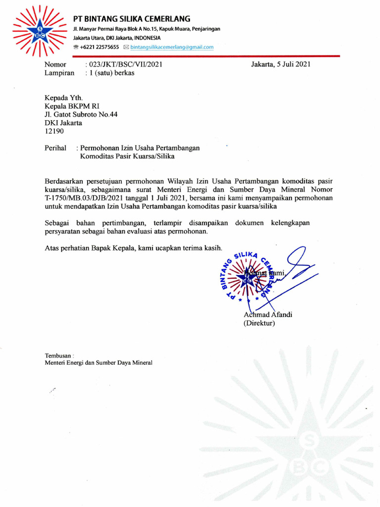 Permohonan IUP Eksplorasi PT BSC (161,6ha) | PDF