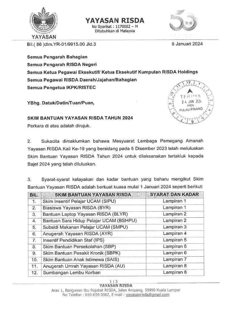 Skim Bantuan Yayasan RISDA Tahun 2024 | PDF