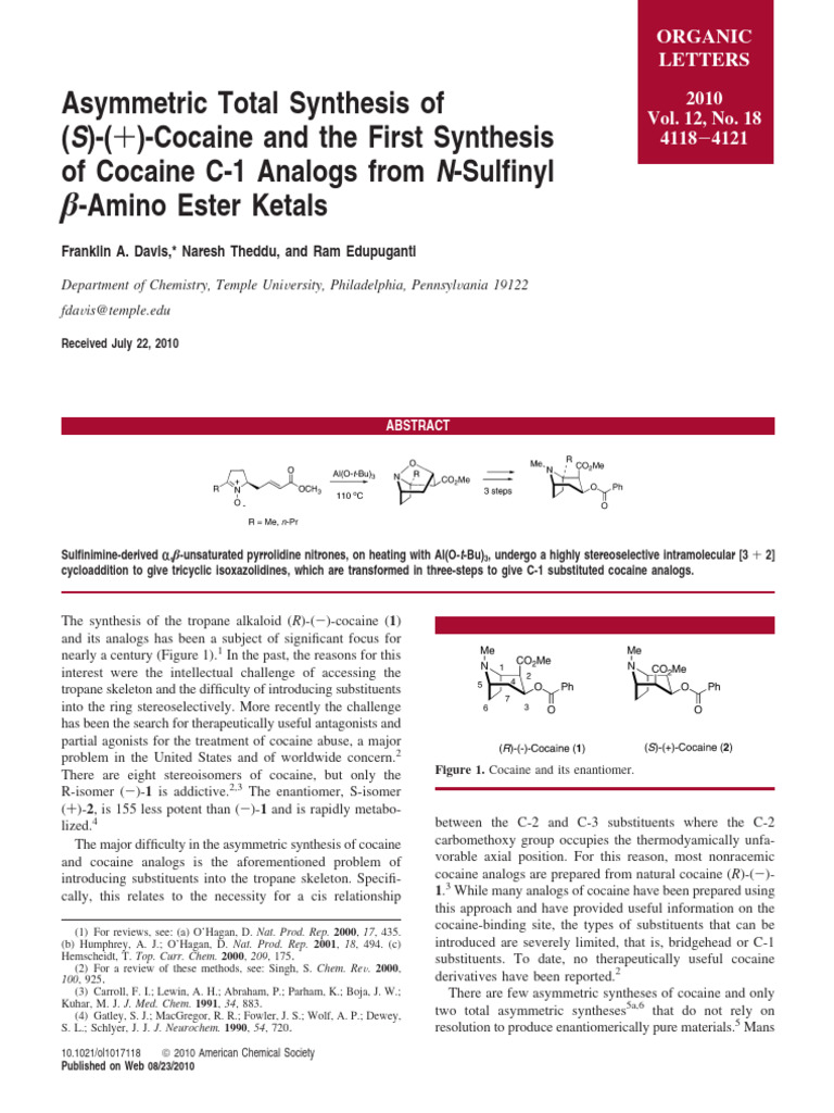 Davis Et Al 2010 Asymmetric Total Synthesis of (S) Cocaine and The First Synthesis of Cocaine C ...