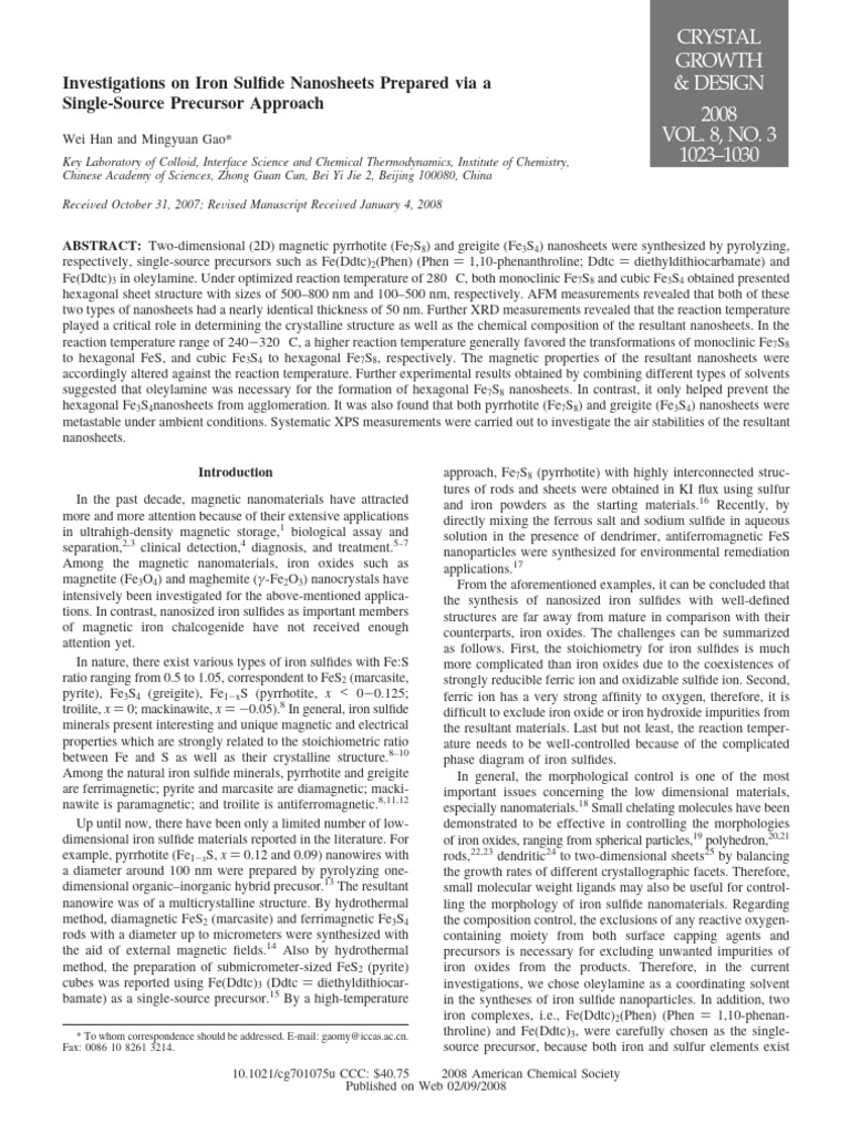 Han Gao 2008 Investigations On Iron Sulfide Nanosheets Prepared Via A Single Source Precursor ...