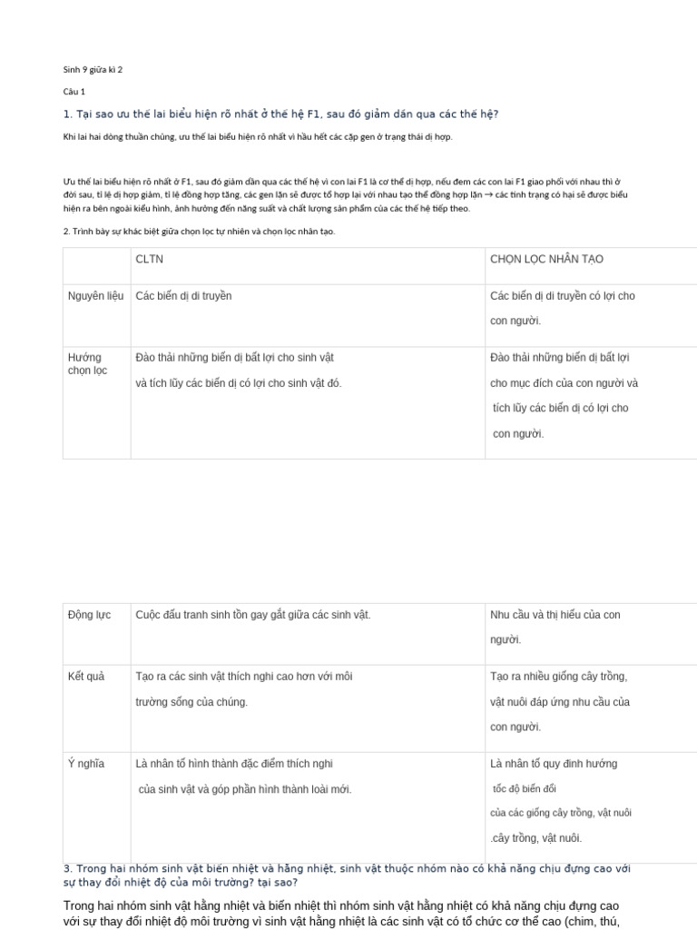 Sinh 9 Gi A Kì 2 | PDF