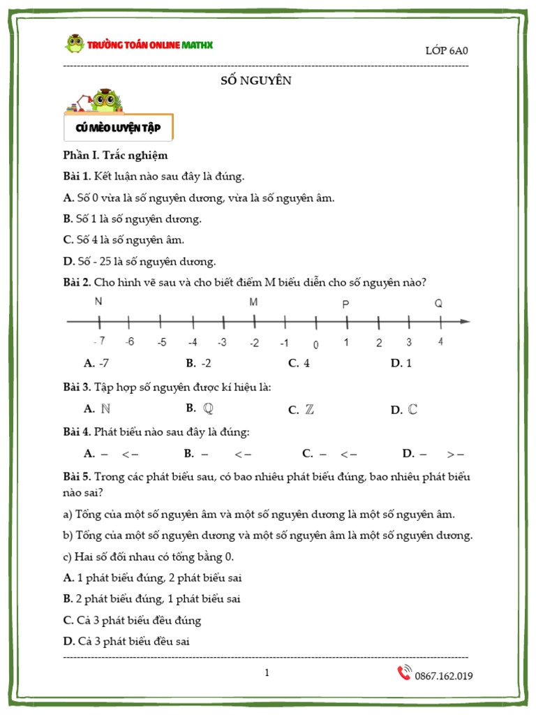 1MATHX - 6A0 - BUỔI 17 - PHIẾU BTVN - SỐ NGUYÊN T1 | PDF