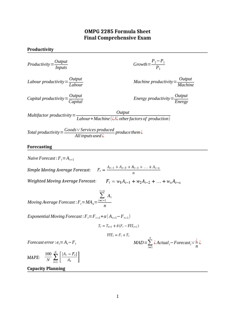 Formula Sheet For Comprehensive Final Exam 2023 | PDF | Forecasting ...