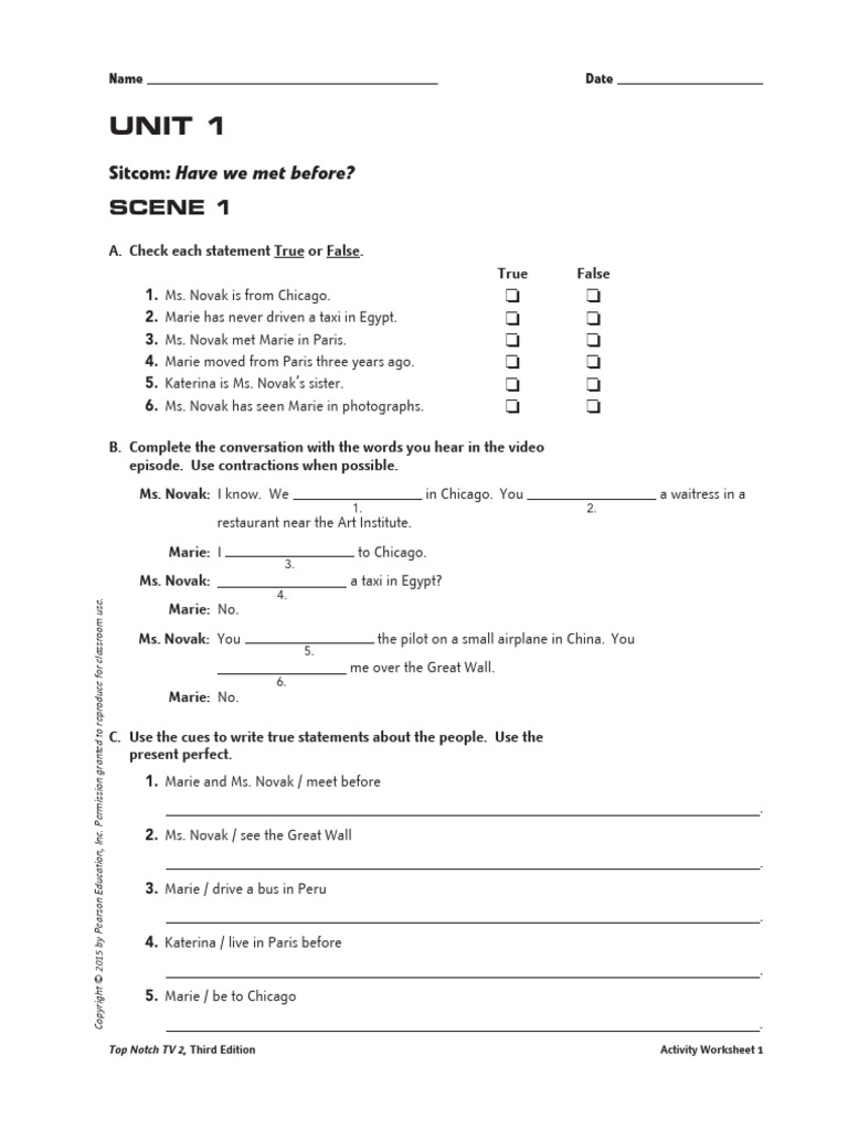 TN2-UNIT 01 TV Activity Worksheets | PDF
