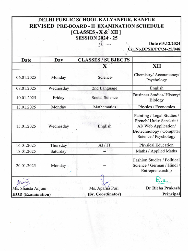 Pre-Board II Exam Schedule 2025 | PDF