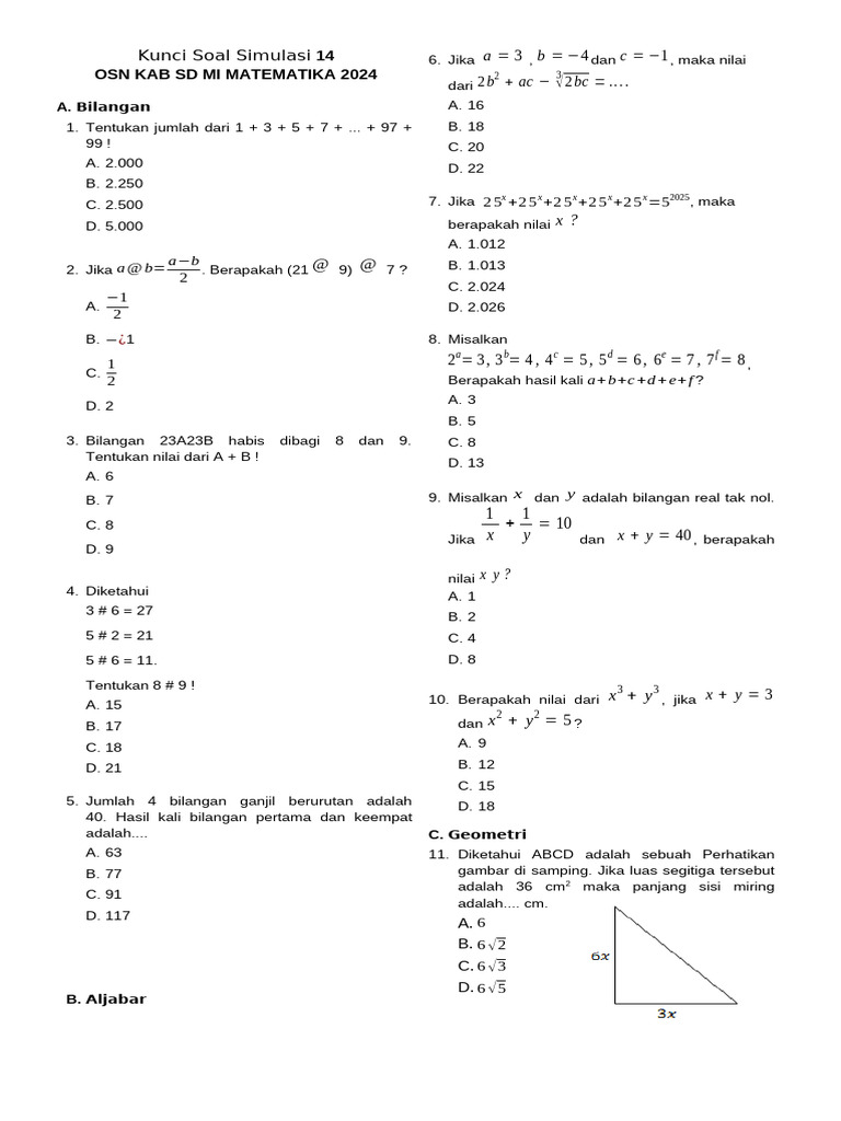 Soal Simulasi 14 Osn-Ksm Matematka SD Mi 2024 | PDF