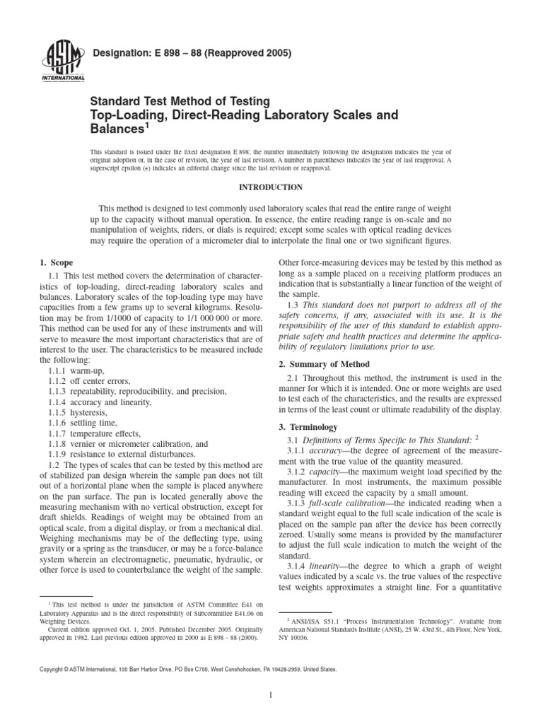 ASTM E 898 – 88 (Reapproved 2005) Top Loading Balance - Copy | PDF | Weighing Scale | Accuracy ...