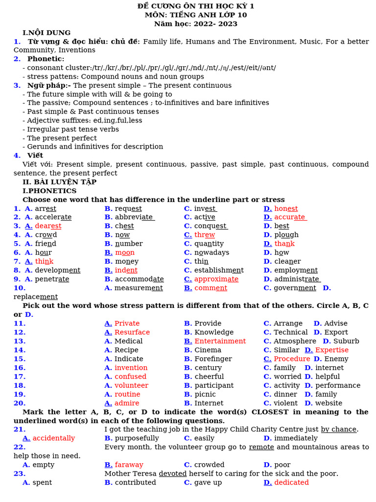 DE CUONG HK1-10-2024 - KEY | PDF