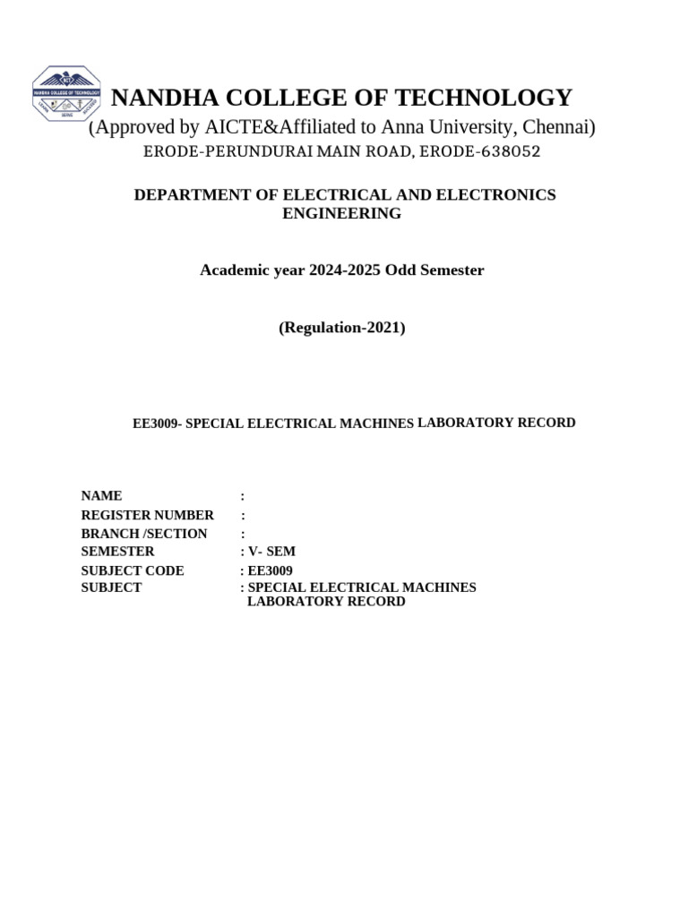EE3009 SEM LAB RECORD | PDF | Electric Motor | Electromagnetism