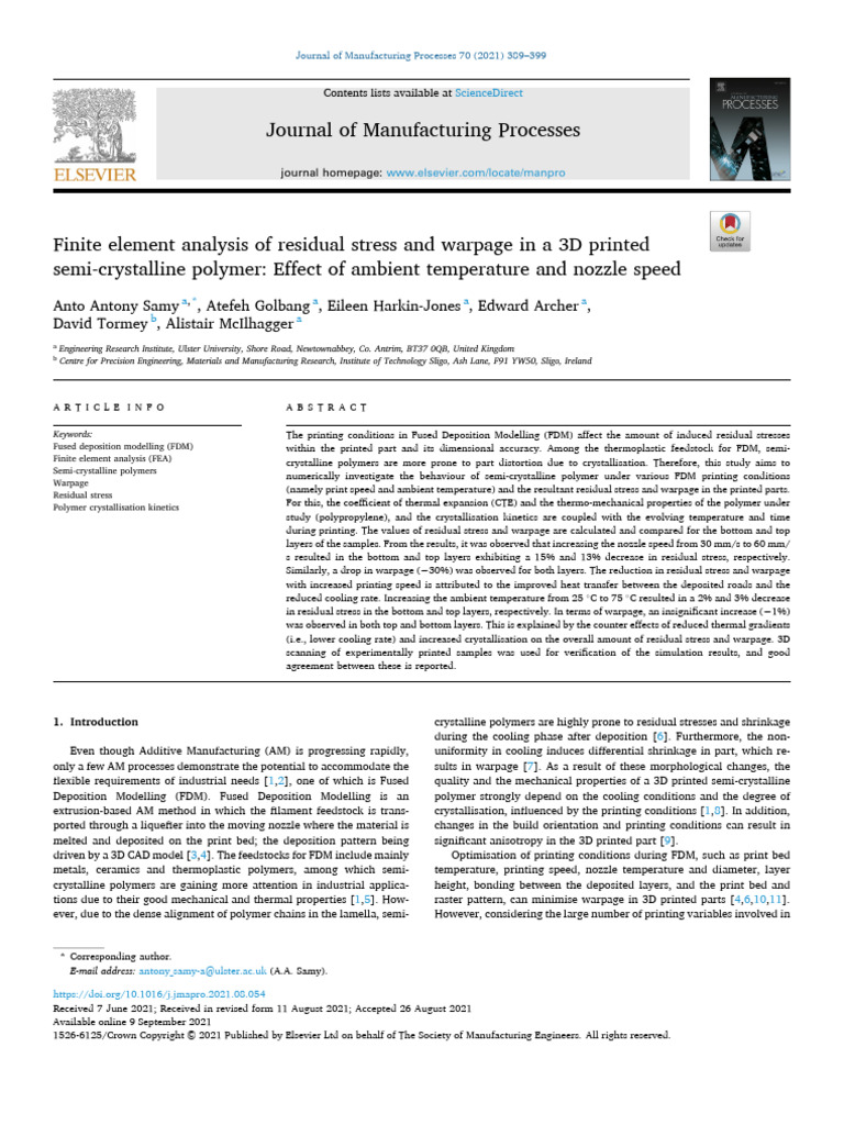 Finite Element Analysis of Residual Stress and Warpage in A 3D Printed Semi-Crystalline Polymer ...