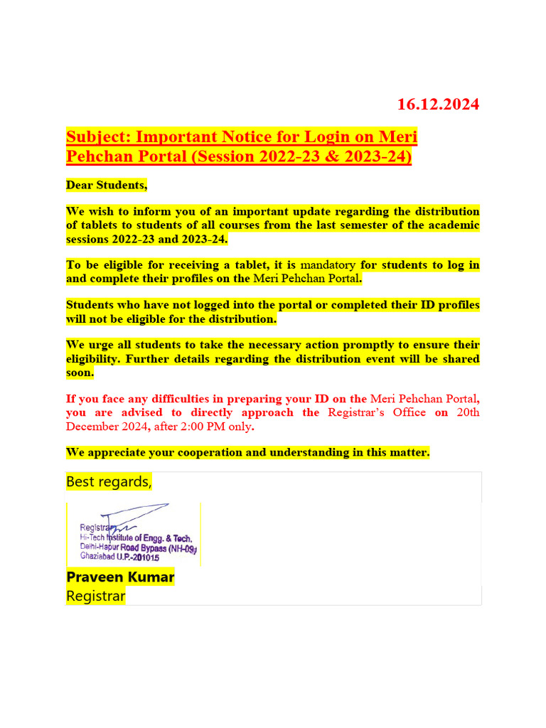 Notice For Tablet Distribution | PDF