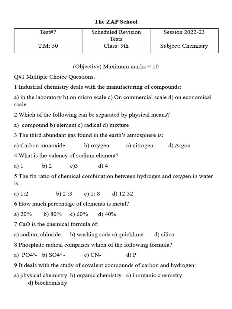 9th chem Test 4 | PDF | Chemistry | Mole (Unit)