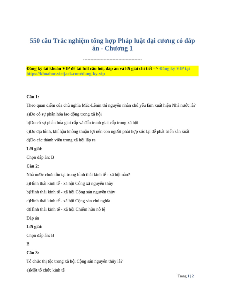 550 Cau Trac Nghiem Tong Hop Phap Luat Dai Cuong Co Dap an Chuong 1 2024-12-18 | PDF