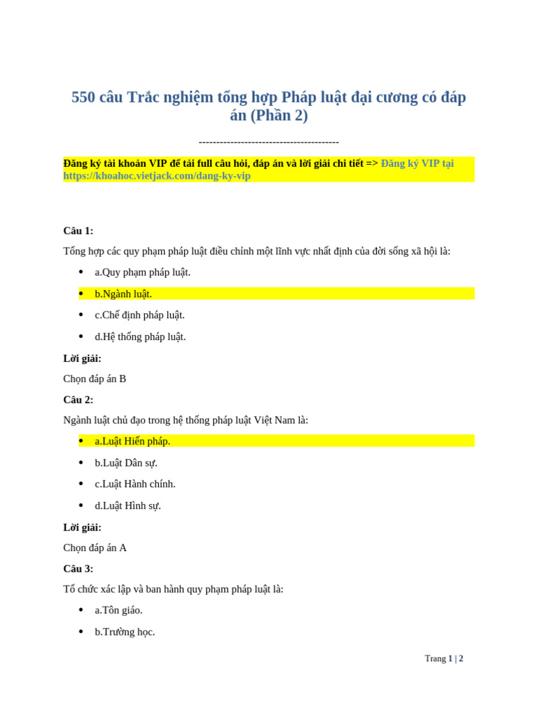 550 Cau Trac Nghiem Tong Hop Phap Luat Dai Cuong Co Dap An Phan 2 2024-12-18 | PDF