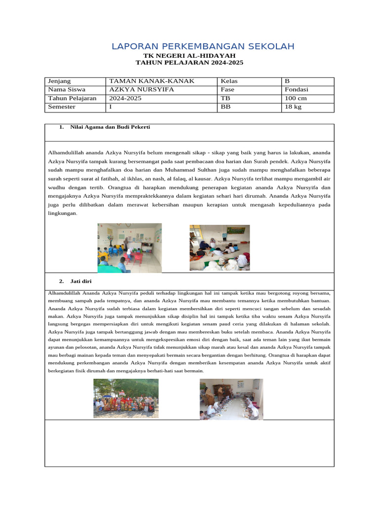 Laporan Perkembangan Azkya Nursyifa | PDF