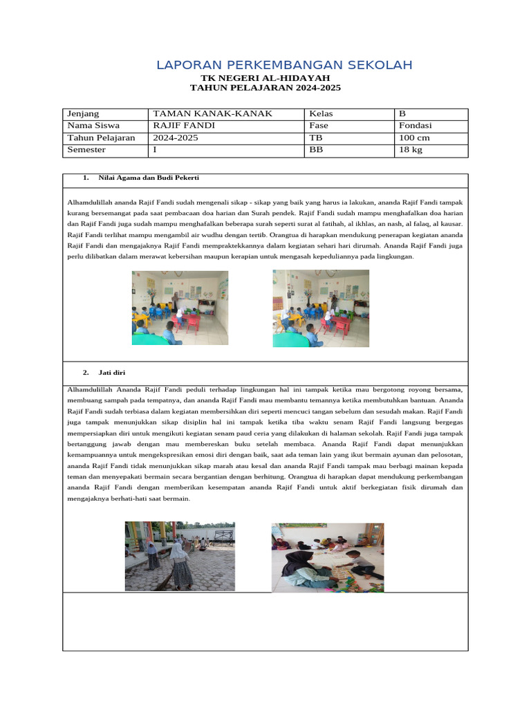 Laporan Perkembangan Rajif Fandi 2024-2025 | PDF
