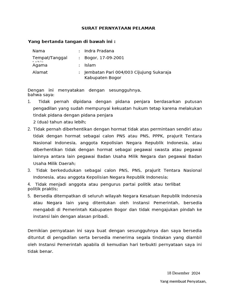 Surat Pernyataan Pelamar PNS Indra Pradana | PDF