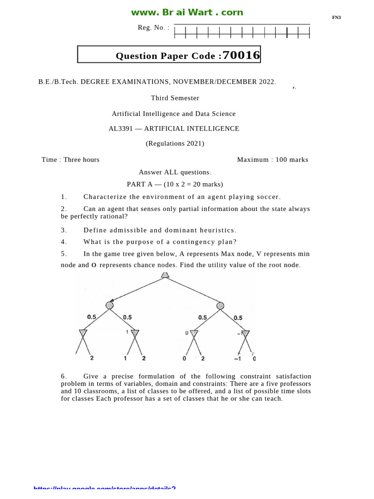 Artificial Intelligence - AL3391 2021 Regulation - Question Paper 2022 Nov Dec | PDF | Applied ...