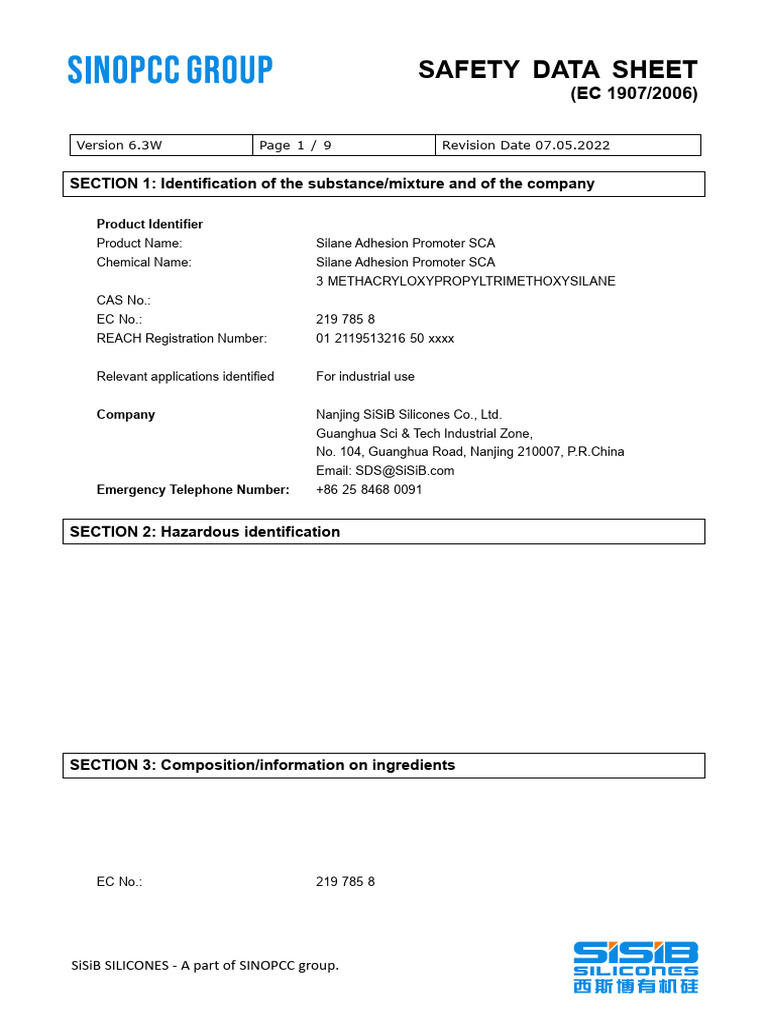 SiSiB - SDS - EU - v6.3W - Silane Adhesion Promoter SCA | PDF ...