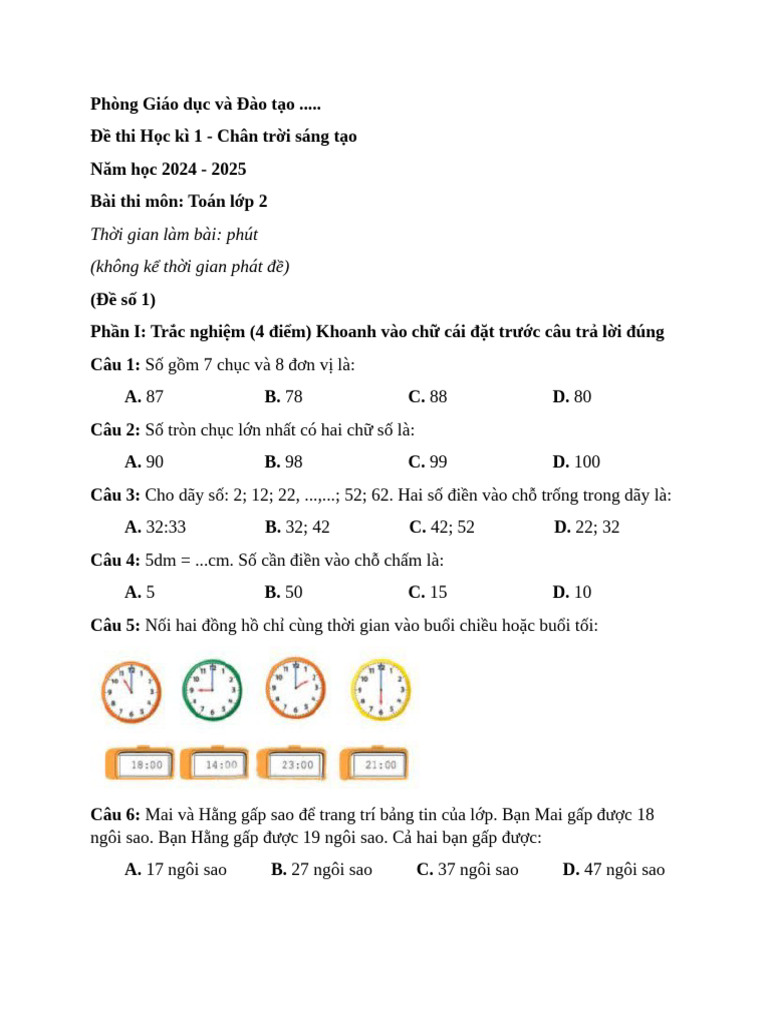 Luyện thi cuối HK1-Lớp 2 CTST - Đề 01 | PDF
