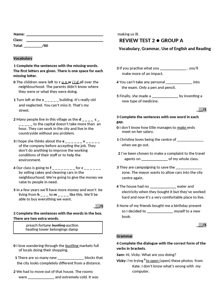 Vocabulary and Grammar Review Test | PDF