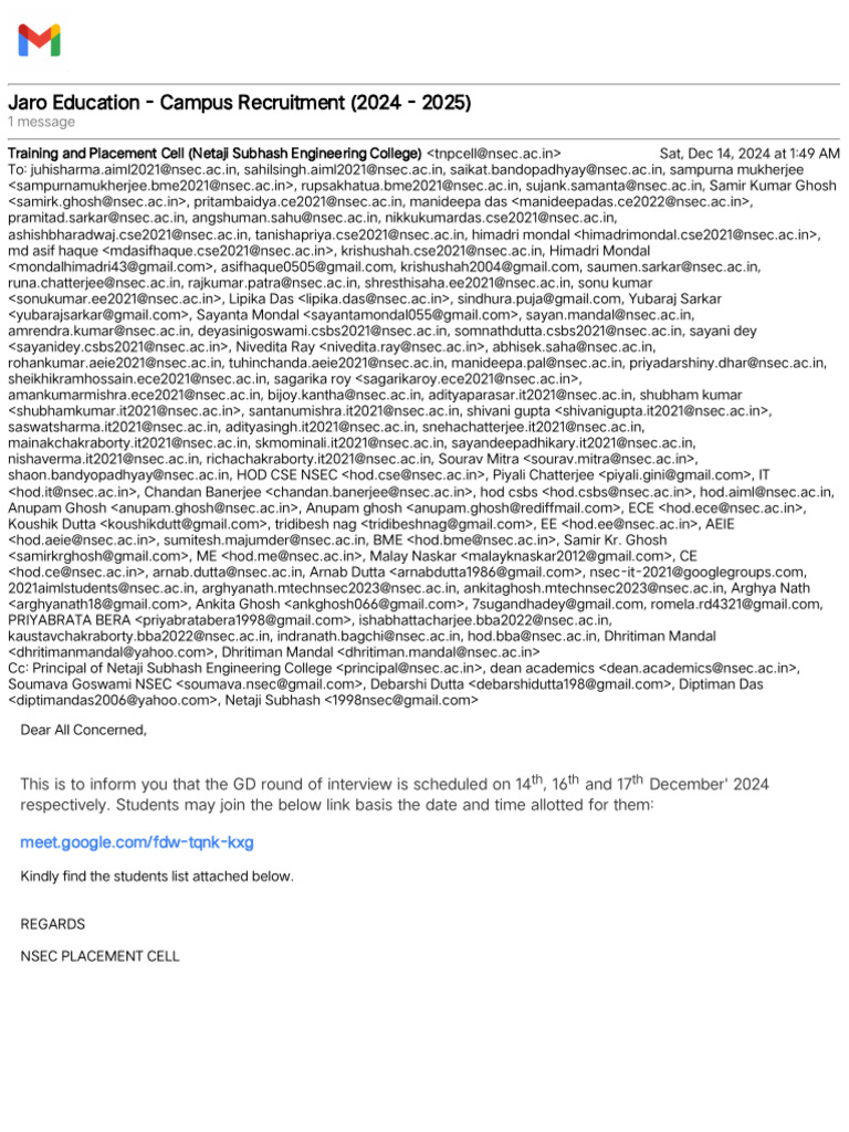 Gmail - Jaro Education - Campus Recruitment (2024 - 2025) | PDF