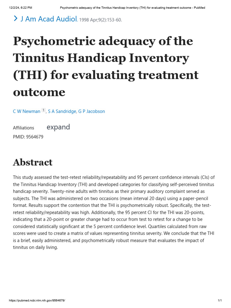 Tinnitus Handicap Inventory Psychometrics | PDF
