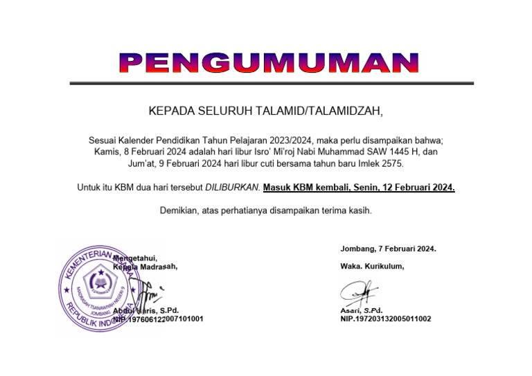 Info Libur Isro' Mi'roj &Cuti Bersama 2024 Siswa | PDF