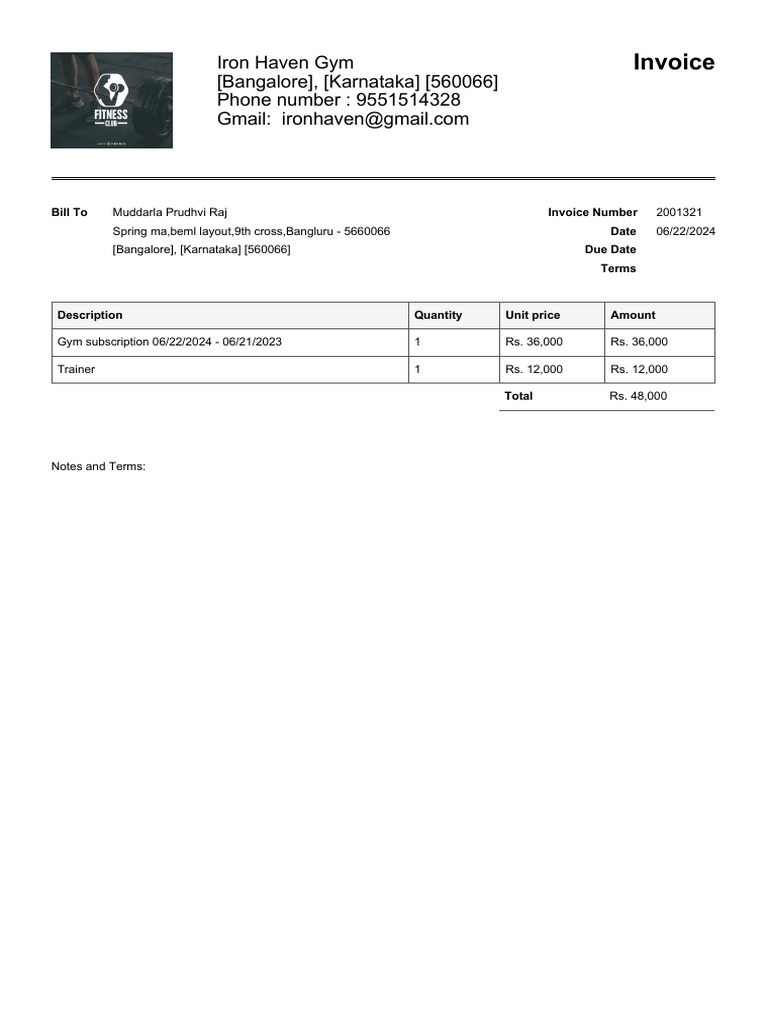 Gym Invoice for Muddarla Prudhvi Raj | PDF