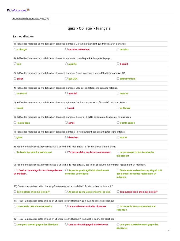 La Modalisation - Quiz de Français Pour Collège - Révisions Pour | PDF ...