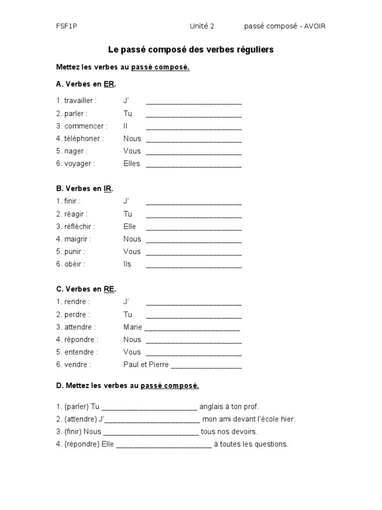 Passe Compose Exercices | PDF