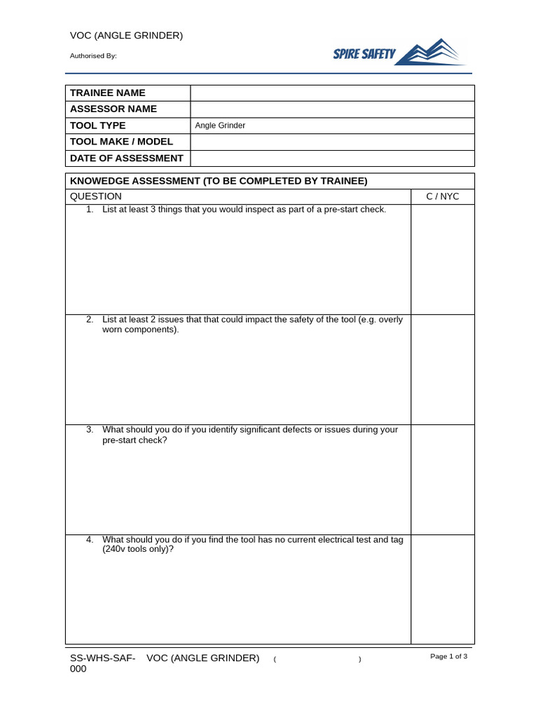 Angle Grinder Safety Assessment Guide | PDF | Emergency | Safety