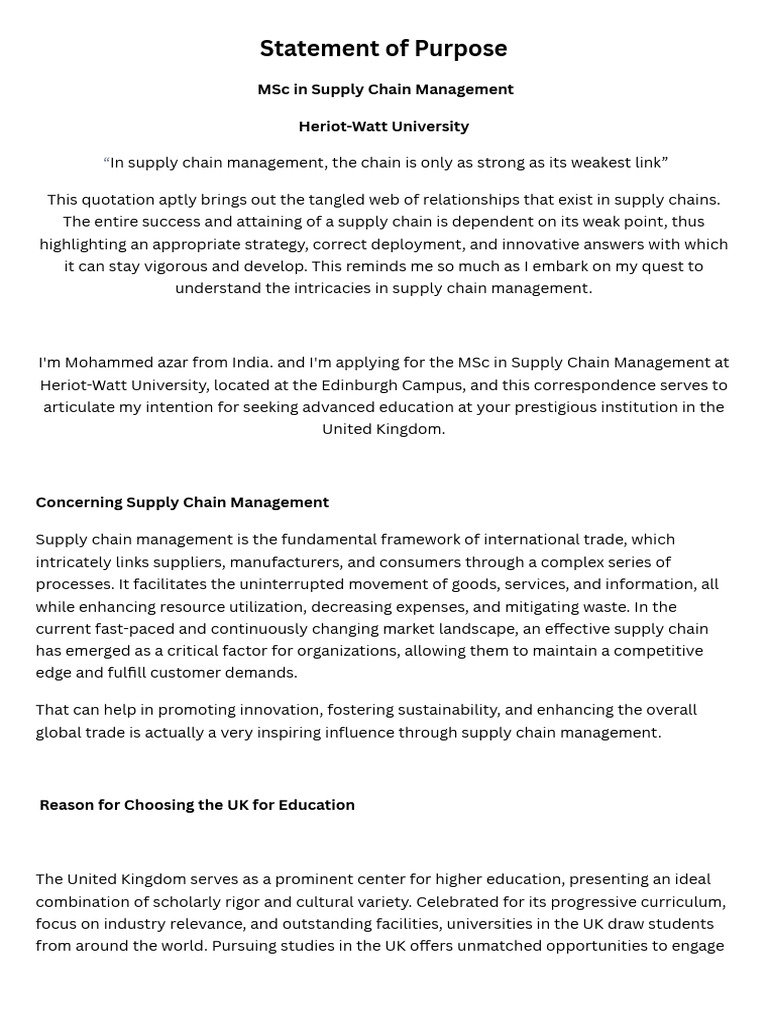 Statement of Purpose | PDF | Supply Chain Management | Supply Chain