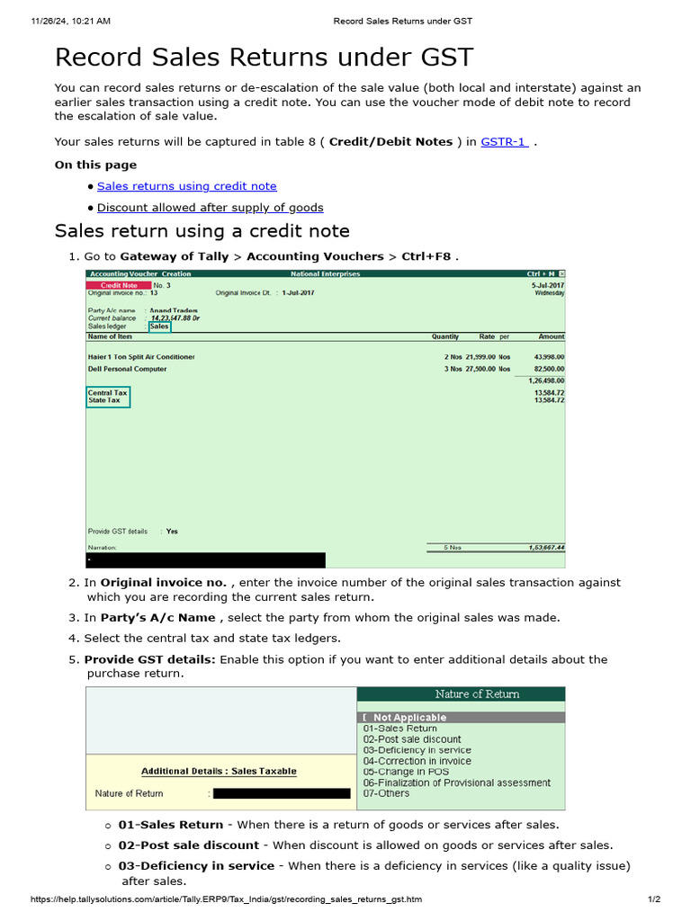 Record Sales Returns Under GST | PDF | Invoice | Value Added Tax