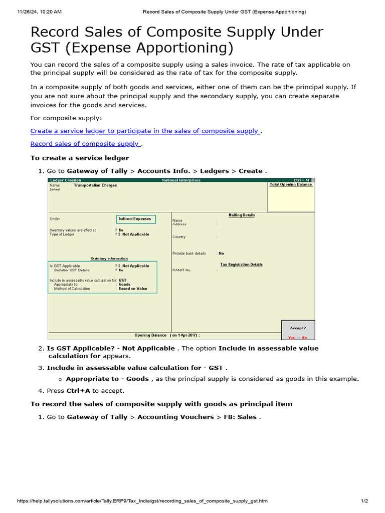 Record Sales of Composite Supply Under GST (Expense Apportioning) | PDF