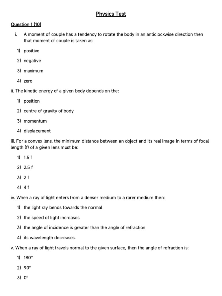 Physics Test Questions and Answers | PDF