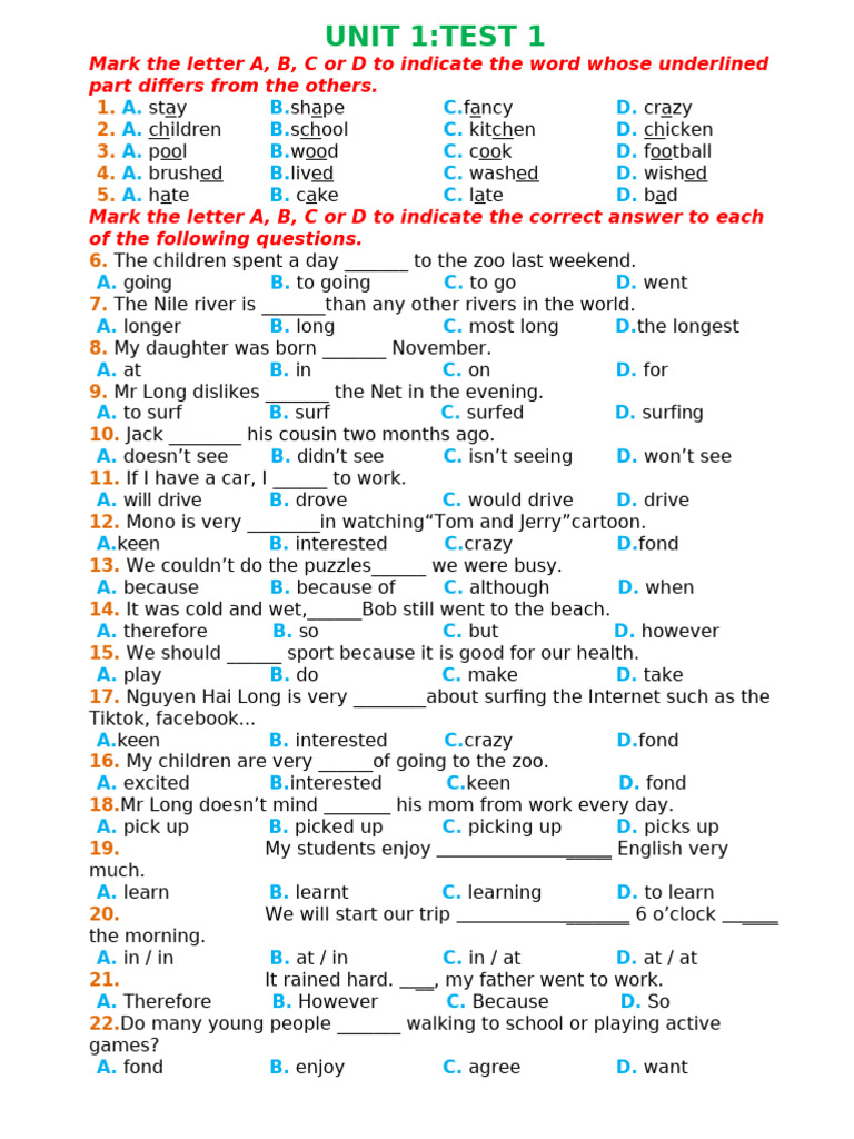Mark The Letter A, B, C or D To Indicate The Word Whose Underlined Part Differs From The Others ...