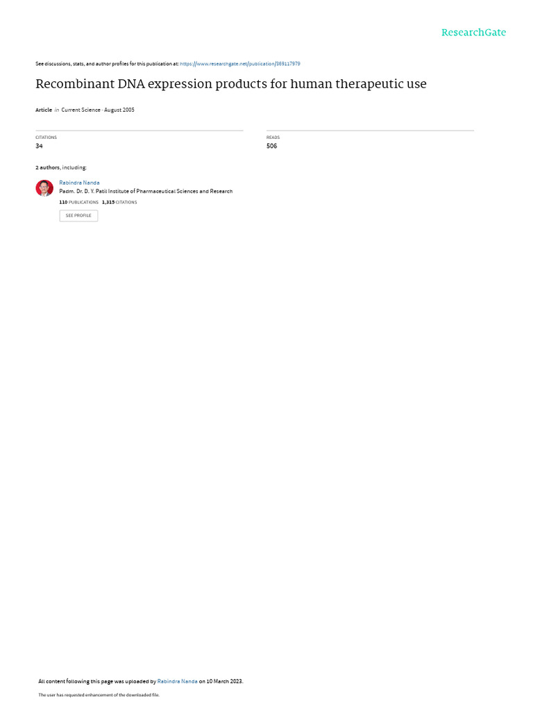 Recombinant Dna Expression Products For Human Therapeutic Use Pdf