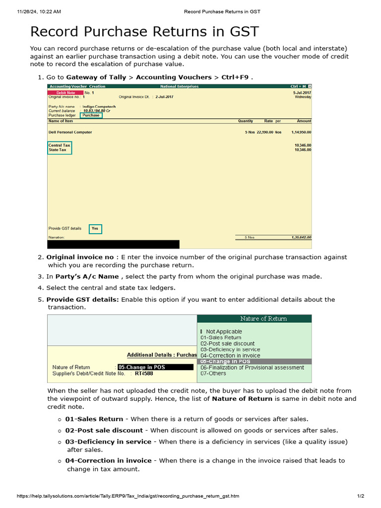 Record Purchase Returns in GST | PDF | Invoice | Value Added Tax