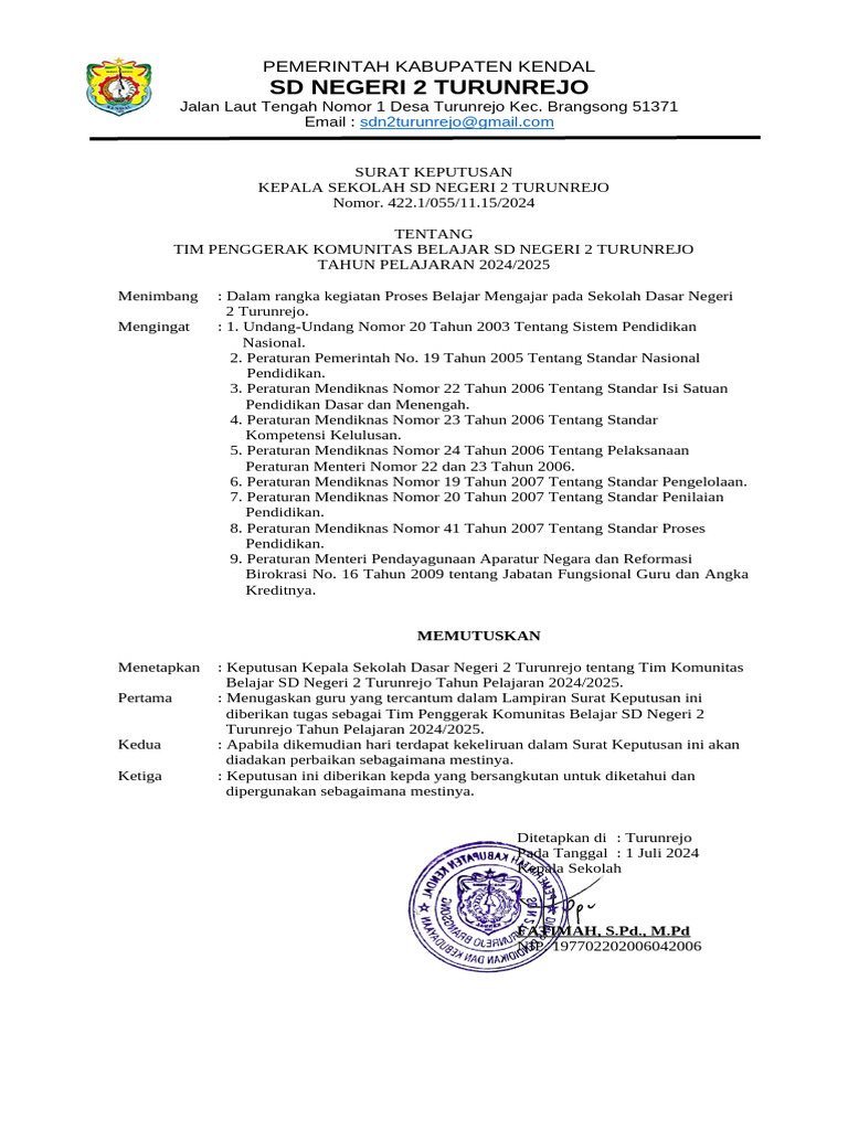 SK Tim Penggerak Kombel SDN 2 Turunrejo Periode Juli-Desember 2024 | PDF