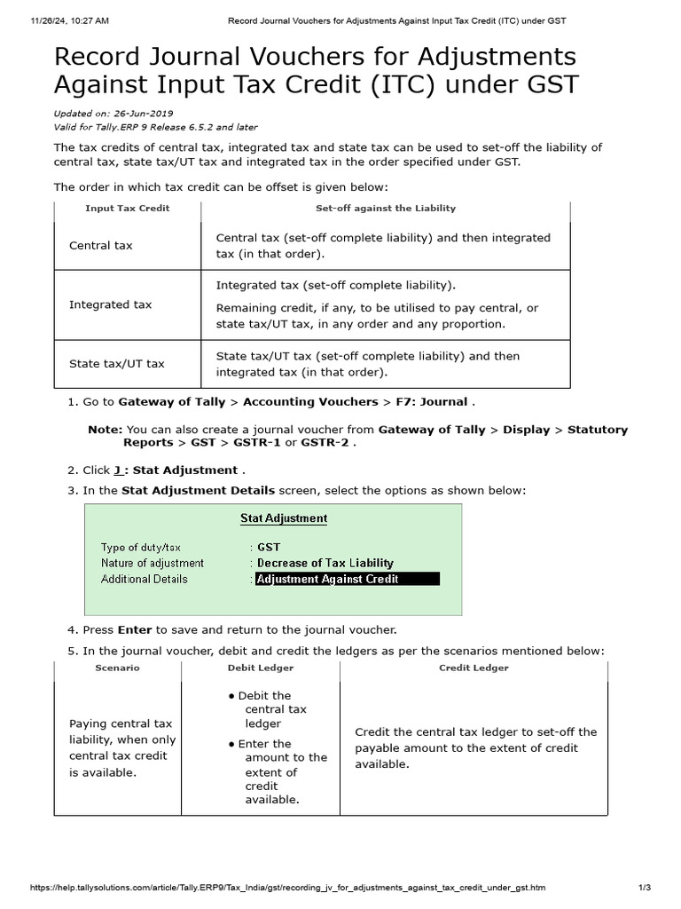 Record Journal Vouchers For Adjustments Against Input Tax Credit (ITC ...