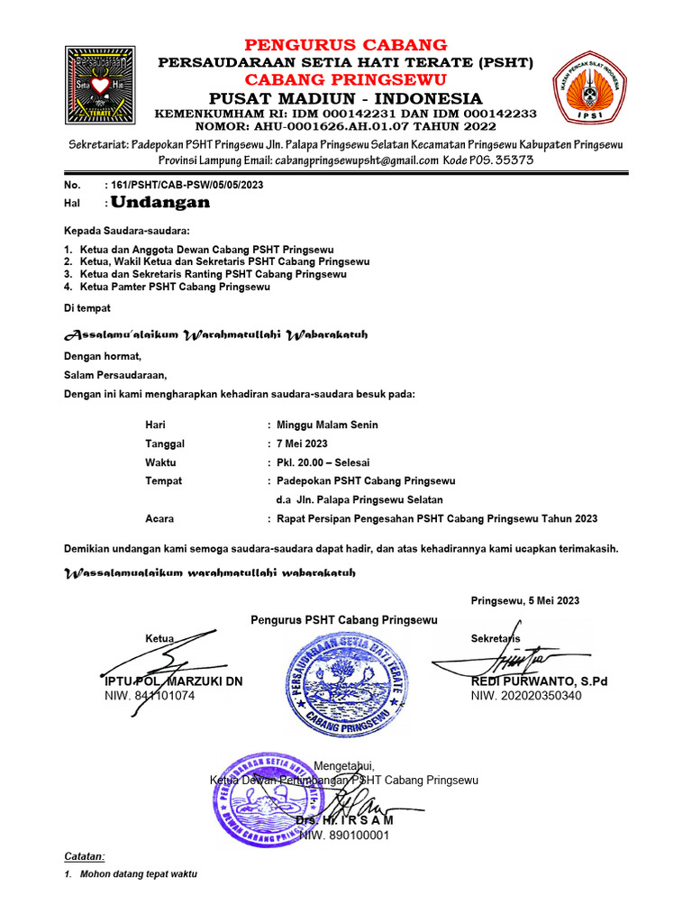Undangan Rapat Persiapan Pengesahan PSHT Cabang Pringsewu Tahun 2023 | PDF